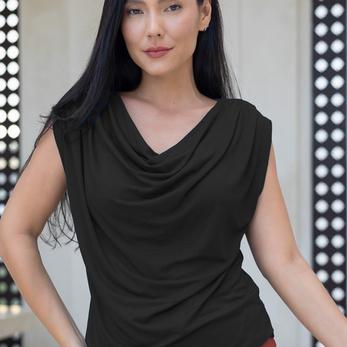Pleated Cowl Neck Top Black – Karma East Wholesale